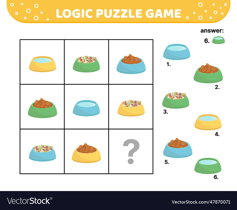 Logic puzzle game dog bowls for food for kids Vector Image
