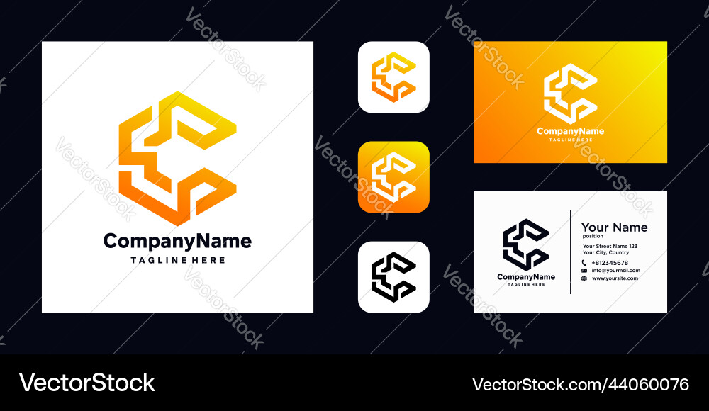 C geometric logo with business card template Vector Image