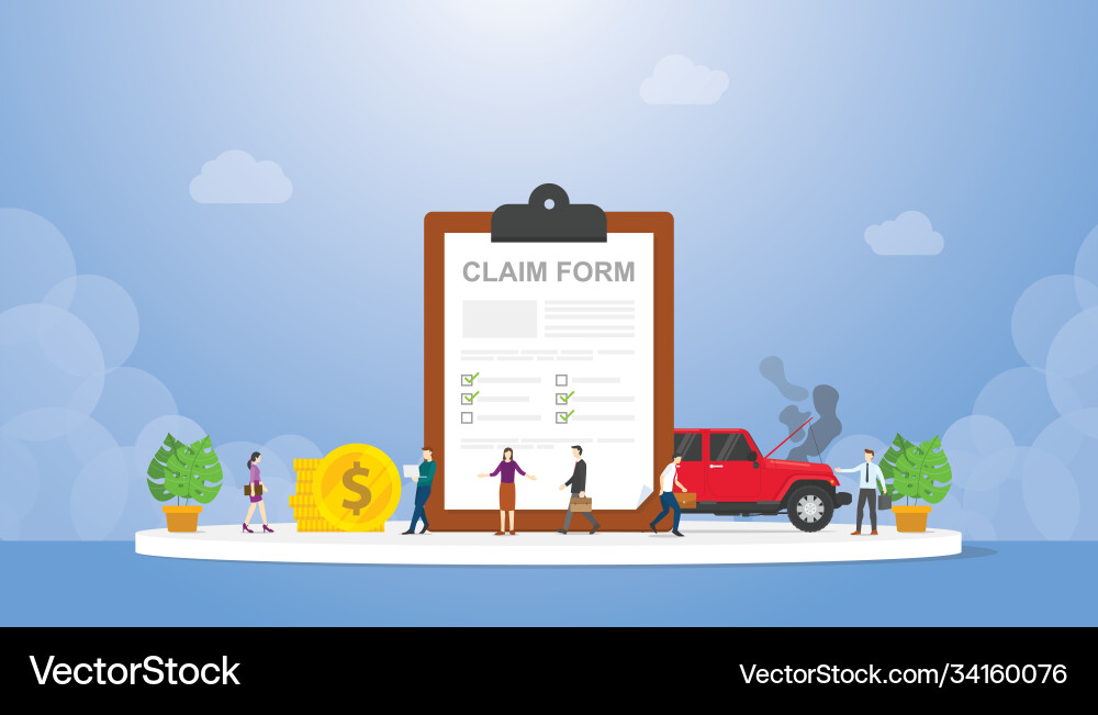 Claim form on clipboard with team people Vector Image
