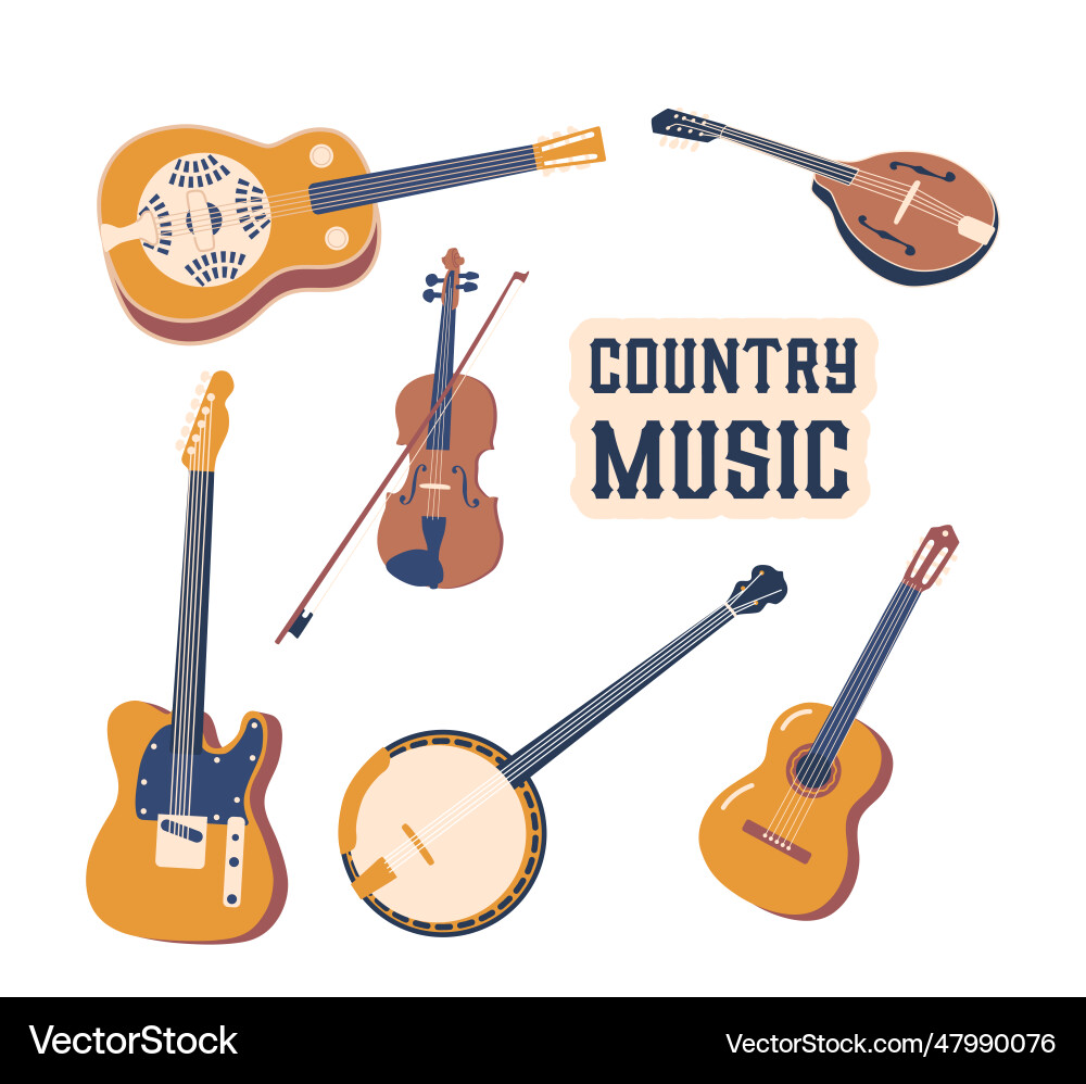 Country music instruments include guitar fiddle Vector Image