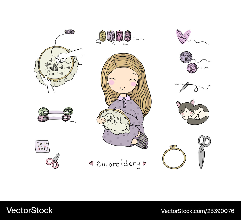 Cute cartoon girl embroiders a beautiful pattern Vector Image