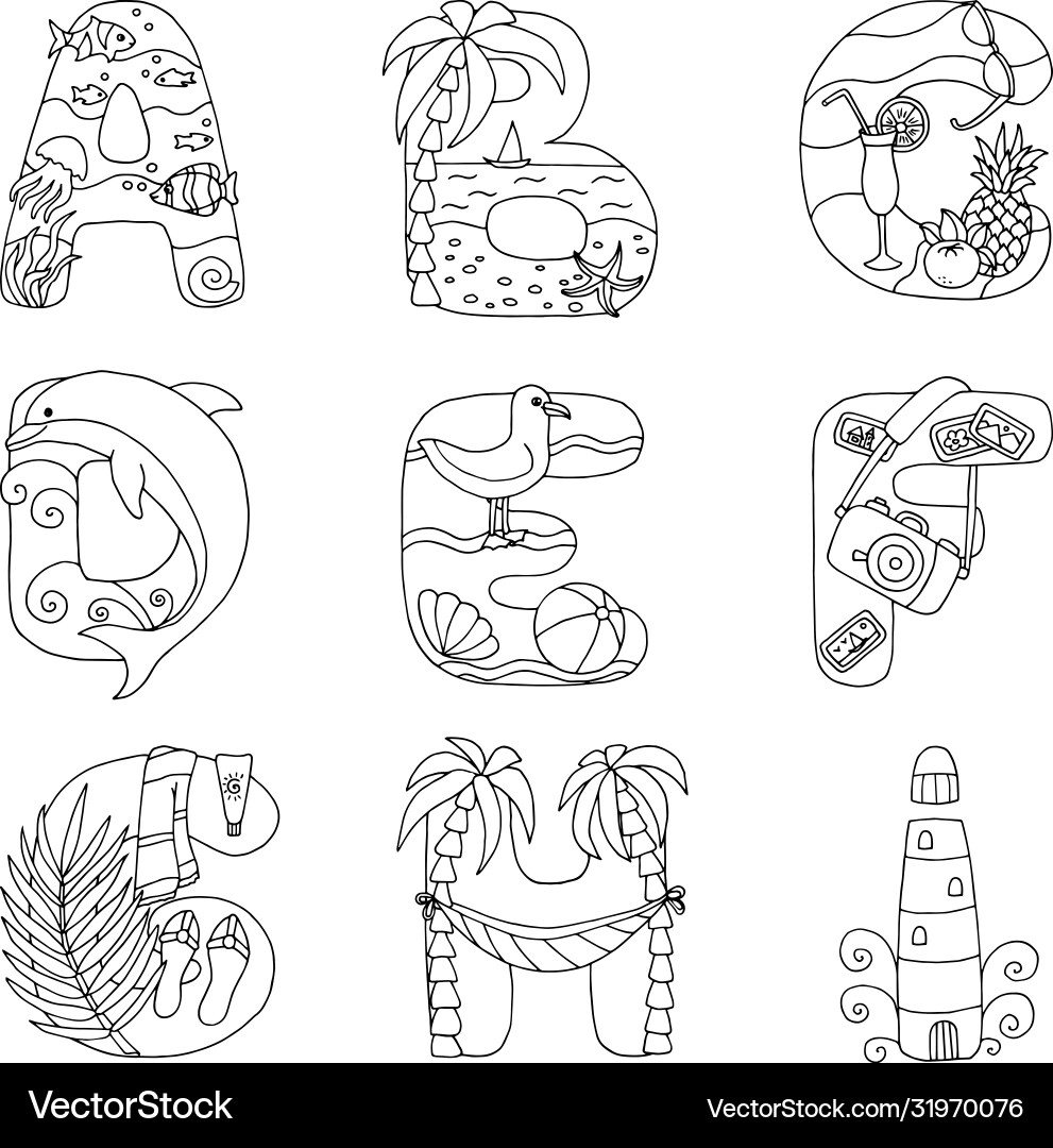Doodle alphabet with rest on sea from a to i Vector Image