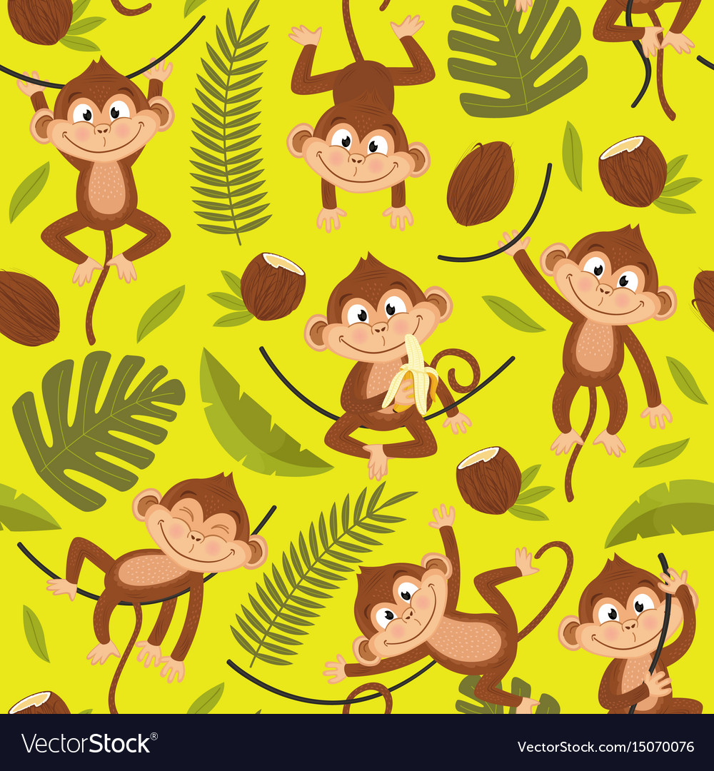 Seamless pattern with monkey on yellow background Vector Image