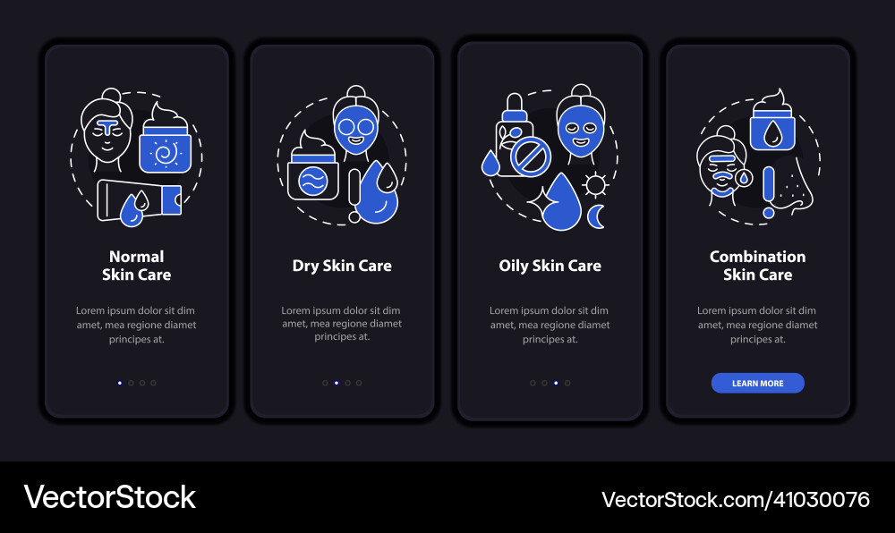 Skin types care night mode onboarding mobile app Vector Image
