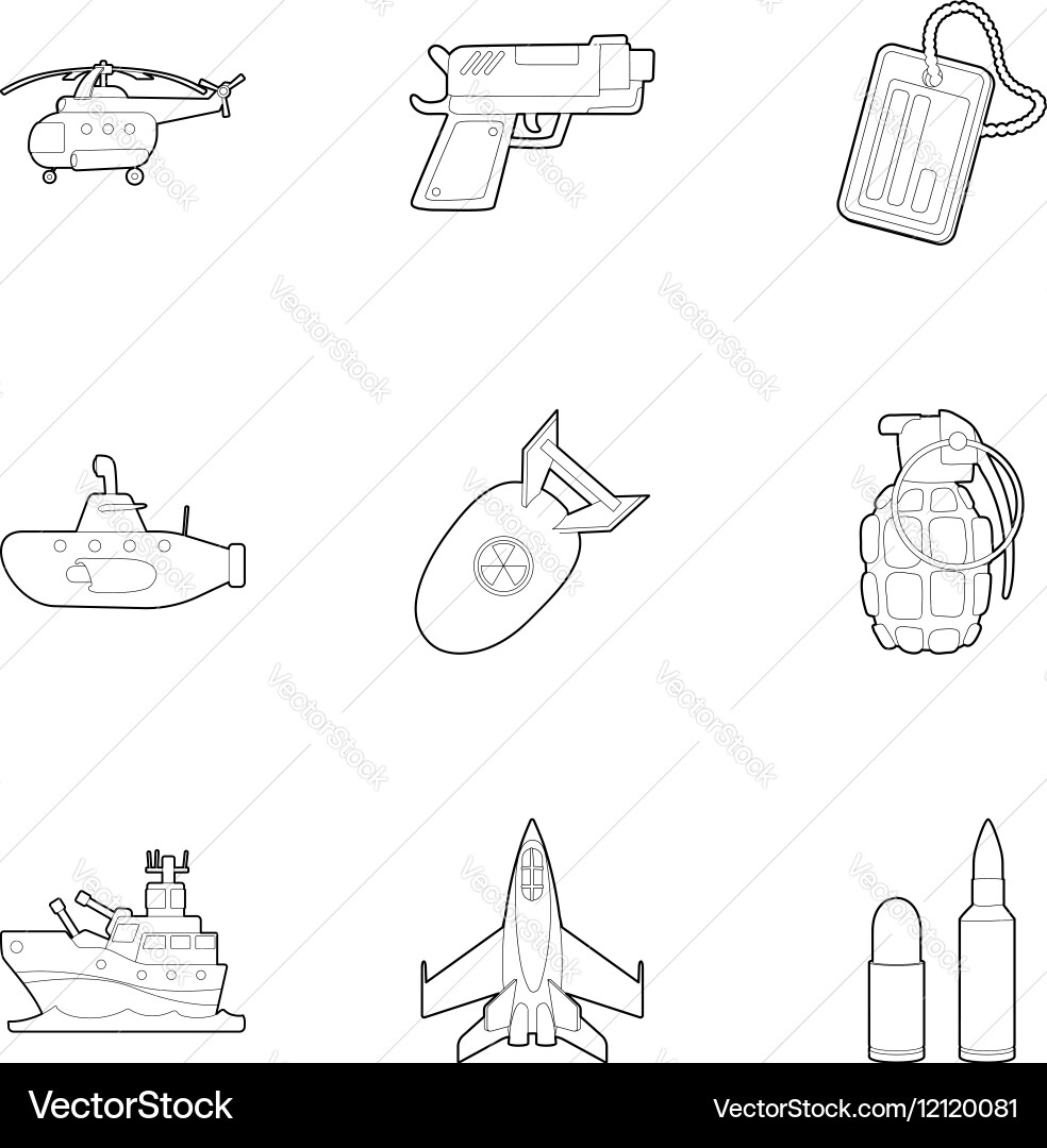 Army weapons icons set outline style Royalty Free Vector