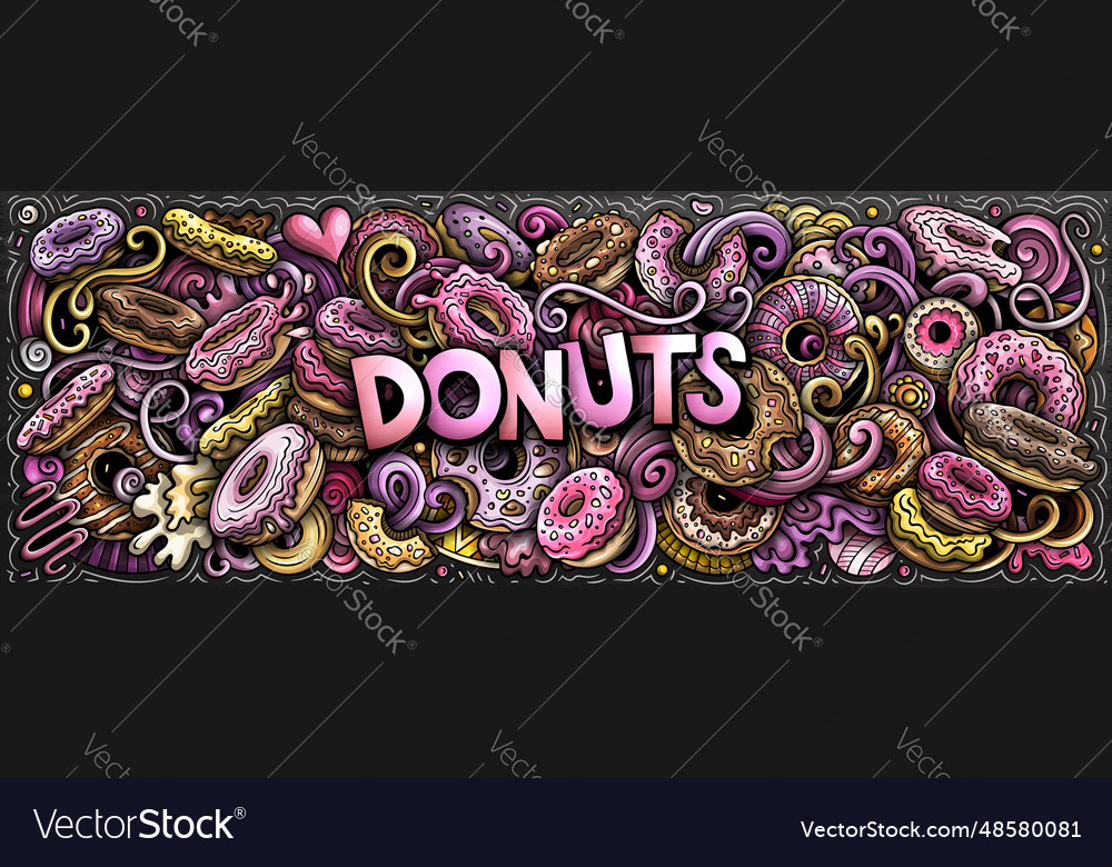 Donuts doodle cartoon funny banner Royalty Free Vector Image