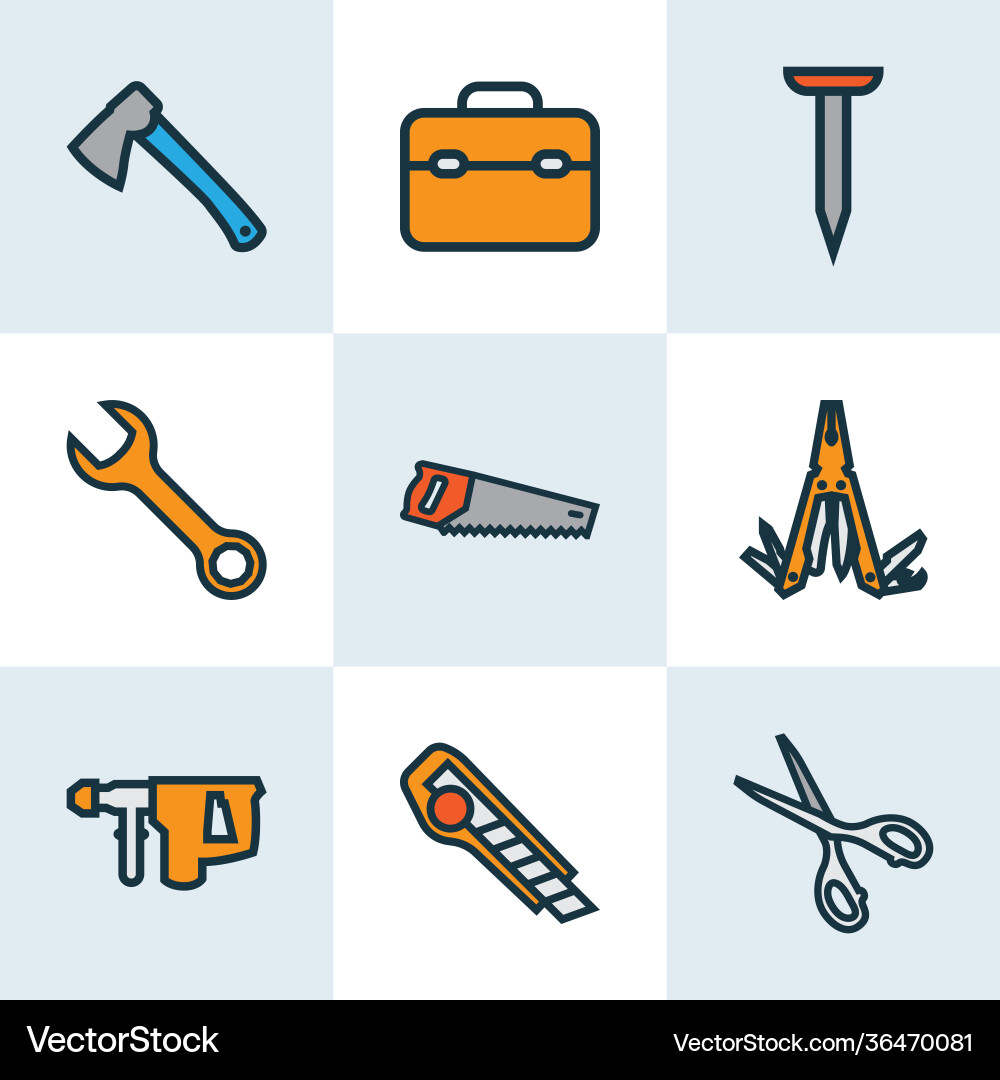 Handtools icons colored line set with saw nail Vector Image