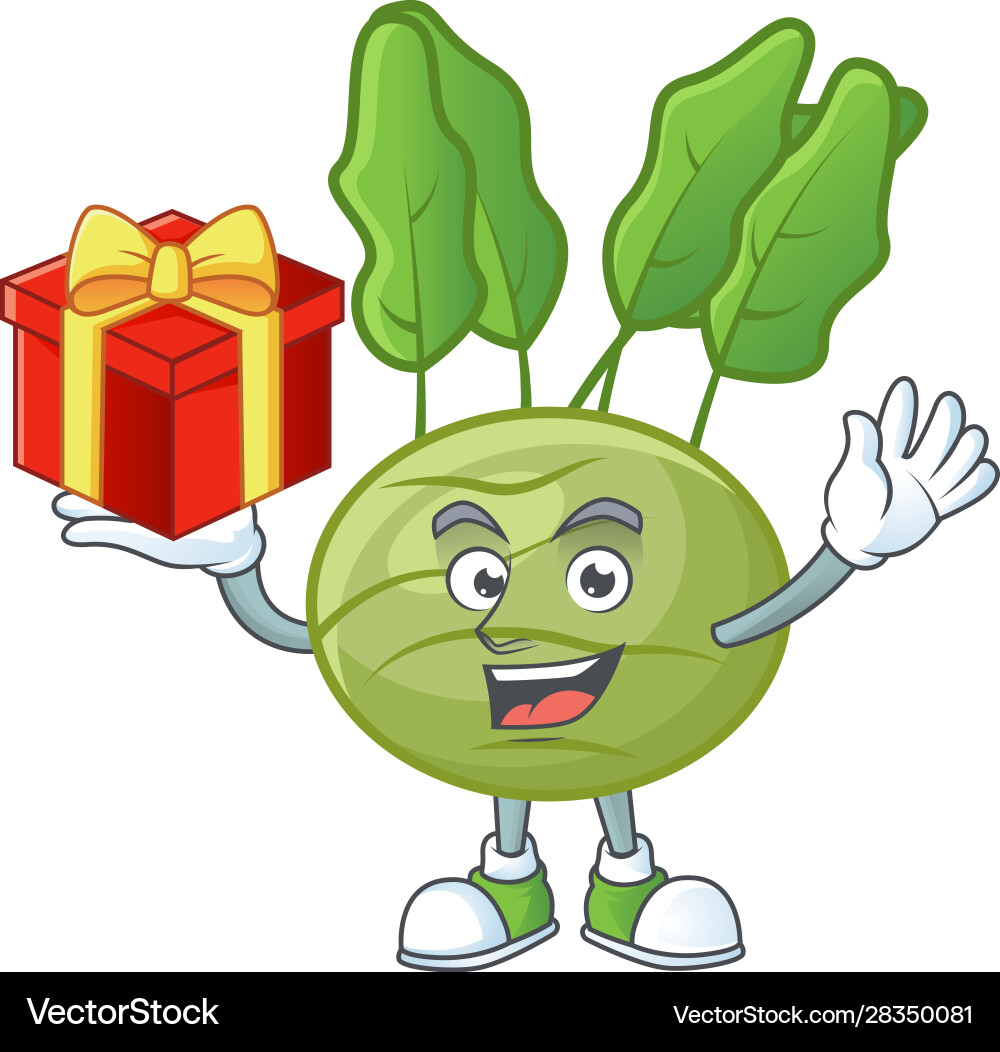 Kohlrab cartoon character with a box gift Vector Image