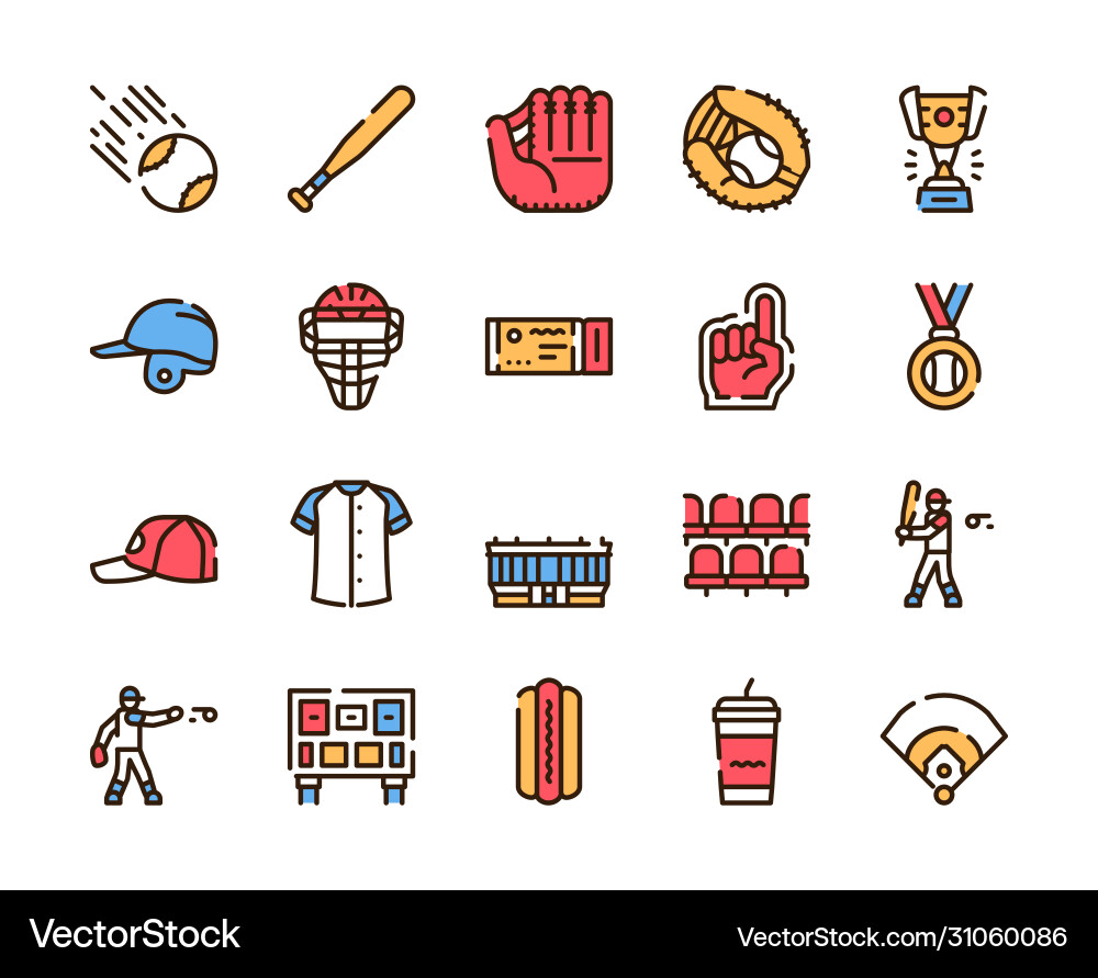 Baseball outline icons set on white background Vector Image