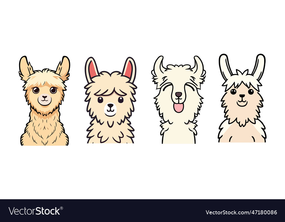 Llama alpaca doodle animal icon set Royalty Free Vector