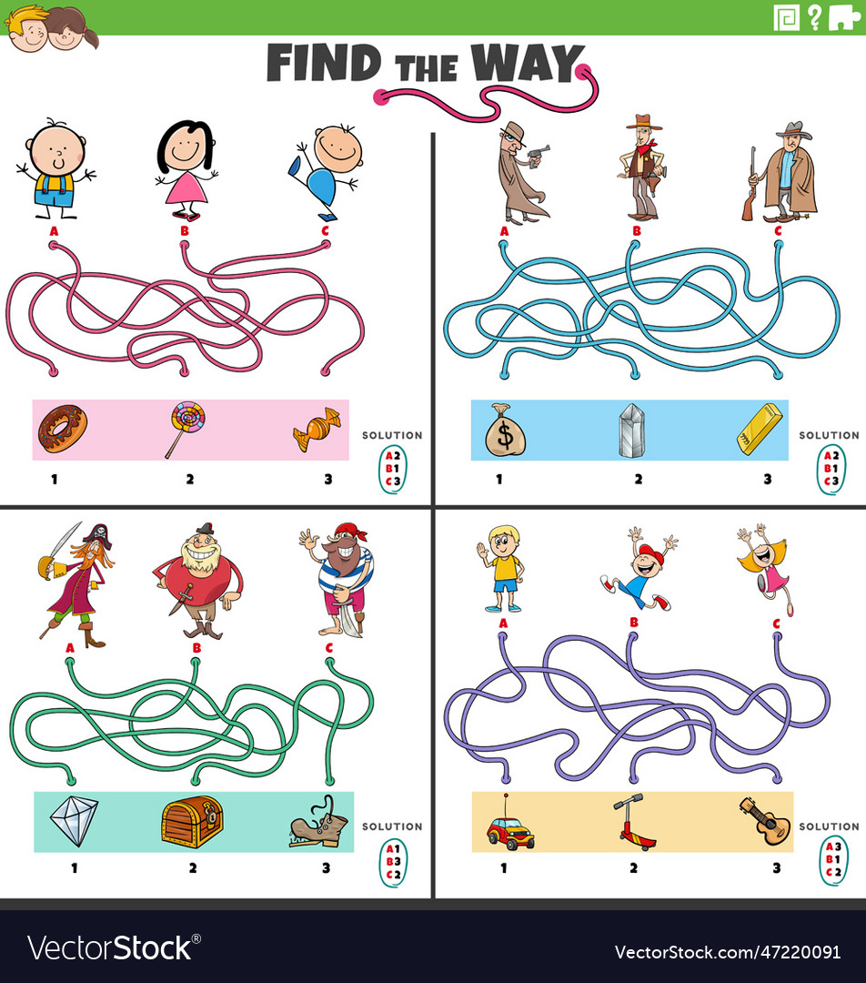 Find the way maze games set with funny cartoon Vector Image