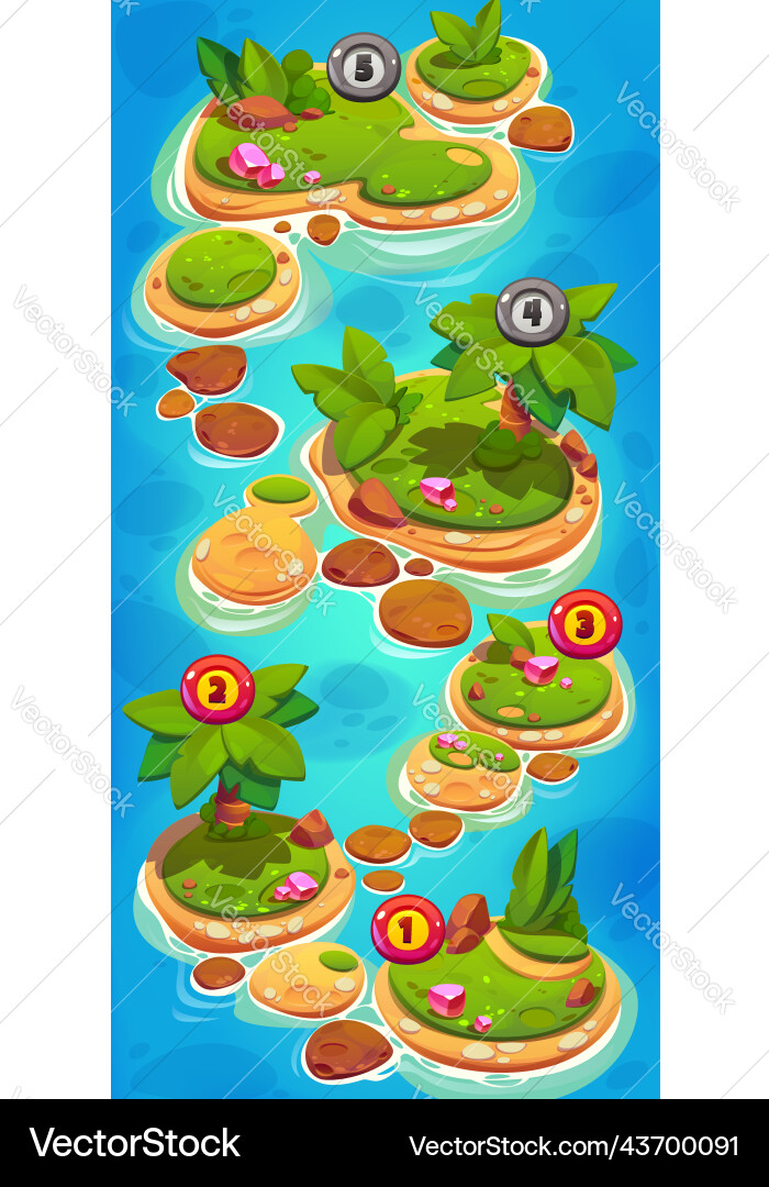 Game ui level map islands in ocean with crystals Vector Image