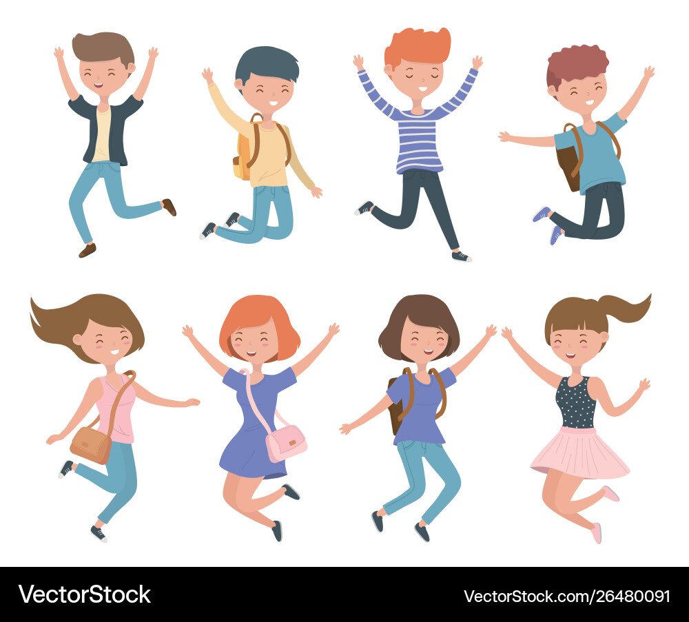 Happy young men celebrating jumping characters Vector Image