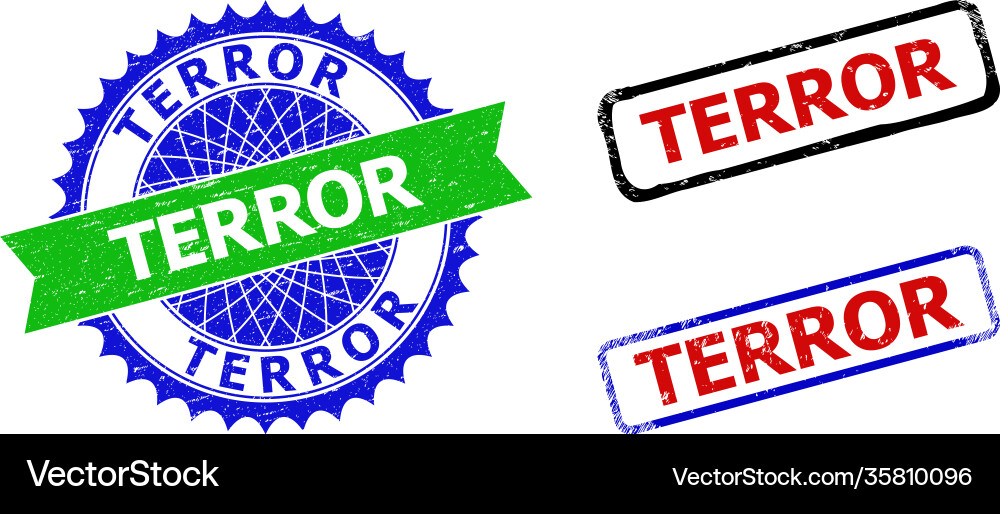 Terror rosette and rectangle bicolor badges Vector Image