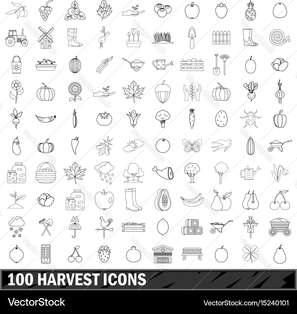 100 harvest icons set outline style Royalty Free Vector