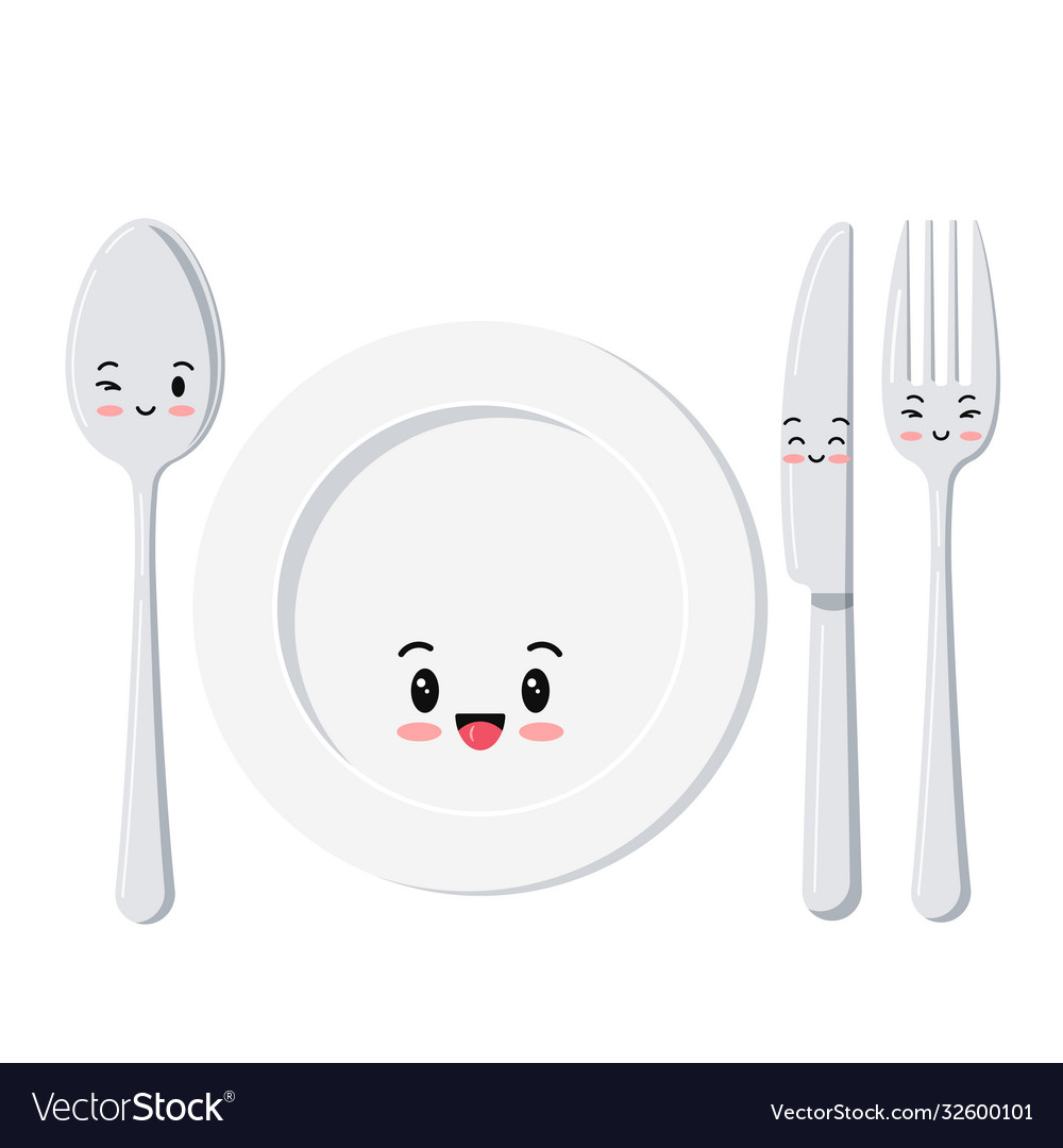 Cute White Plate With Spoon Knife And Fork Emoji Vector Image 