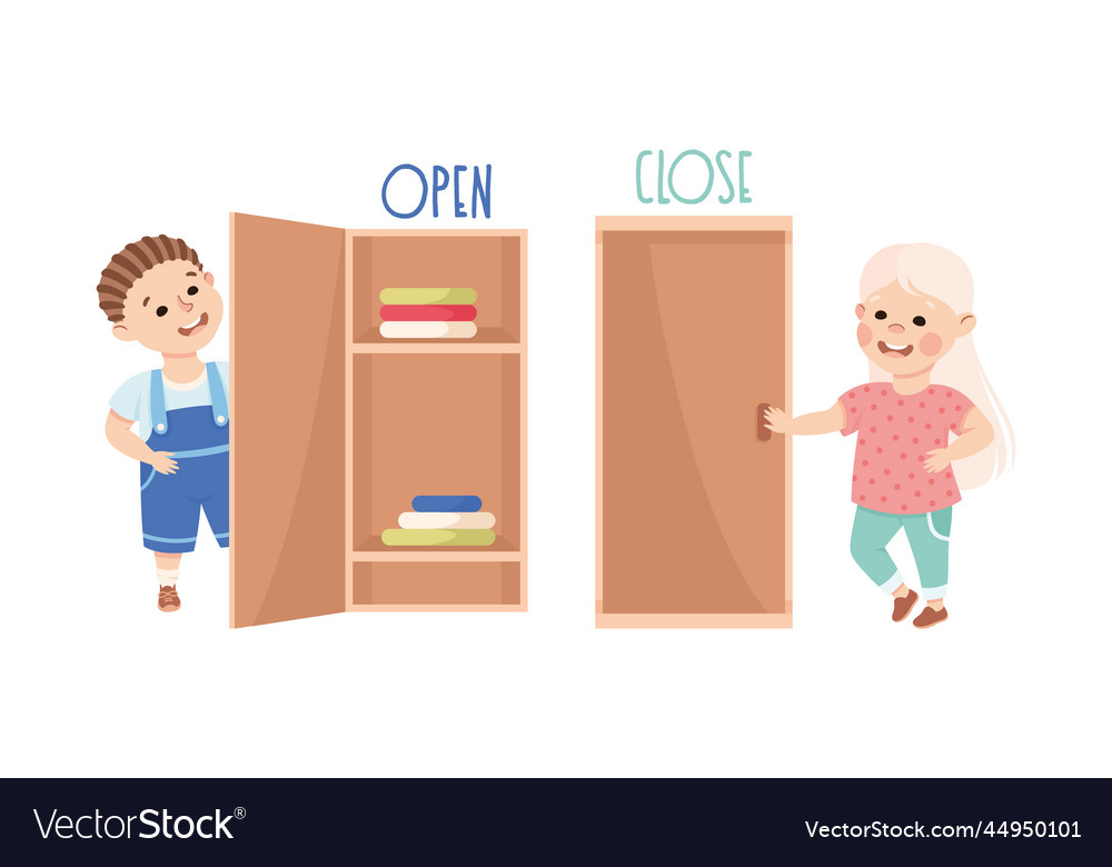 Little boy and girl opening and closing door Vector Image Little boy and girl opening and closing door Vector Image