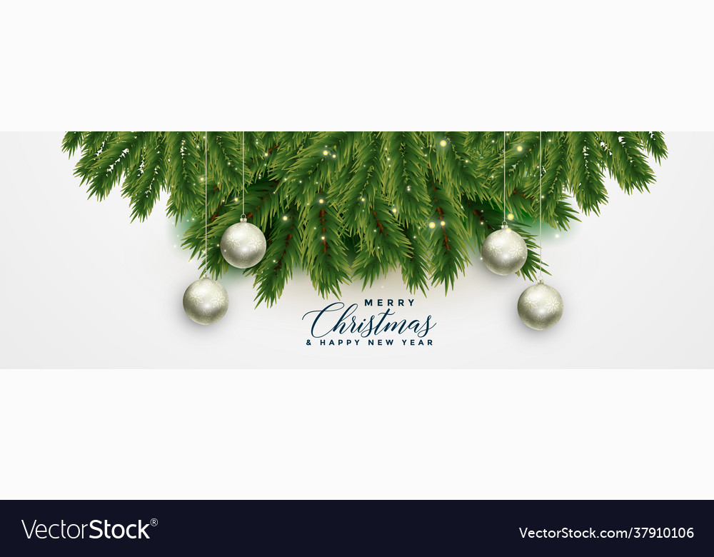 Christmas tree leaves banner with xmas balls Vector Image