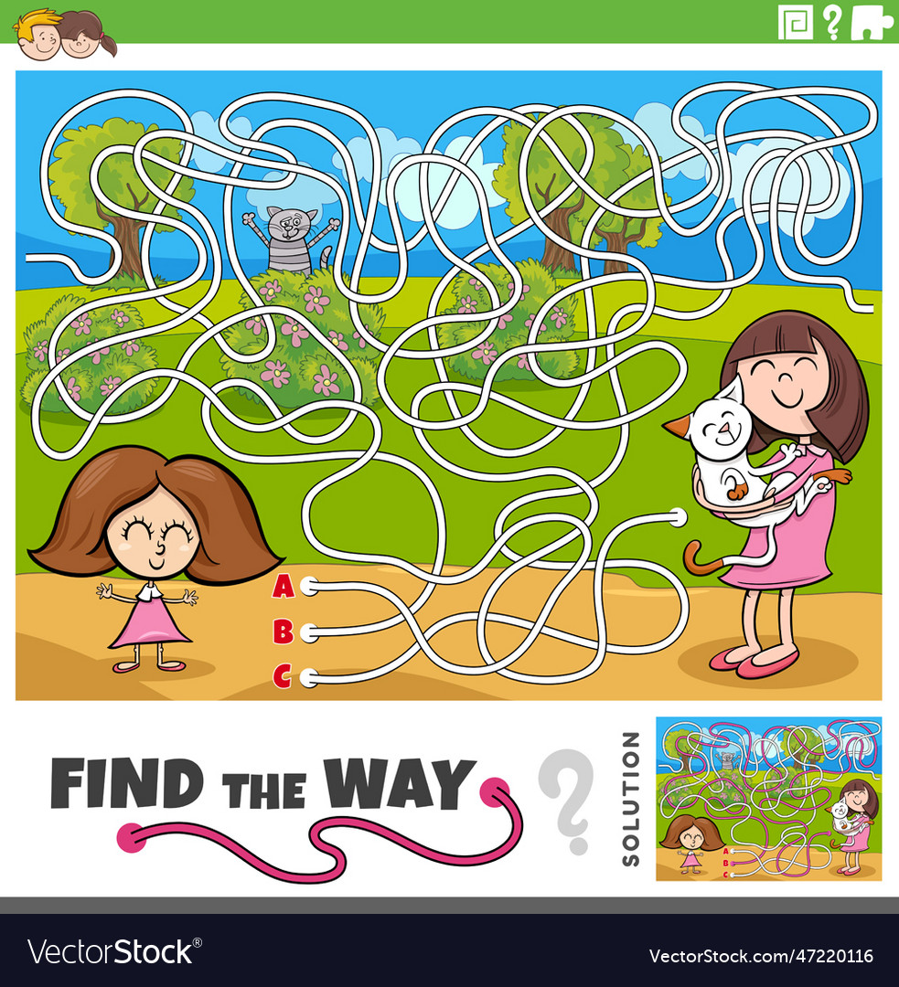 Find the way maze game with cartoon girls Vector Image