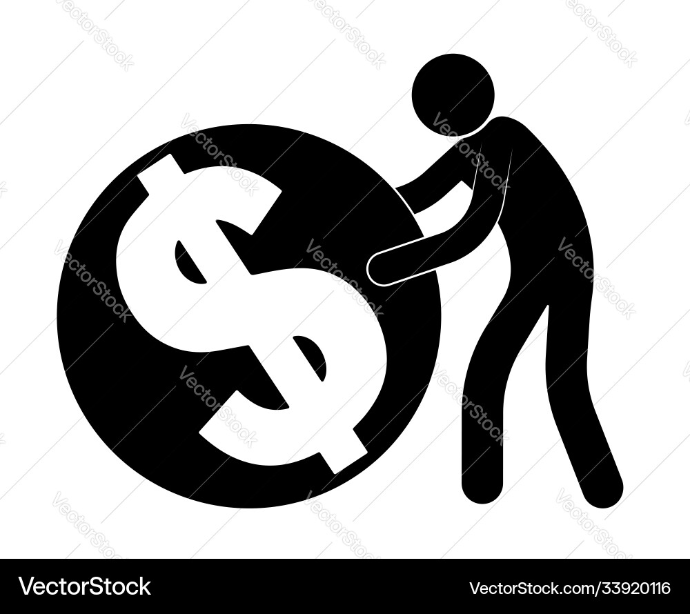Stick figure man rolls a dollar coin accumulation Vector Image