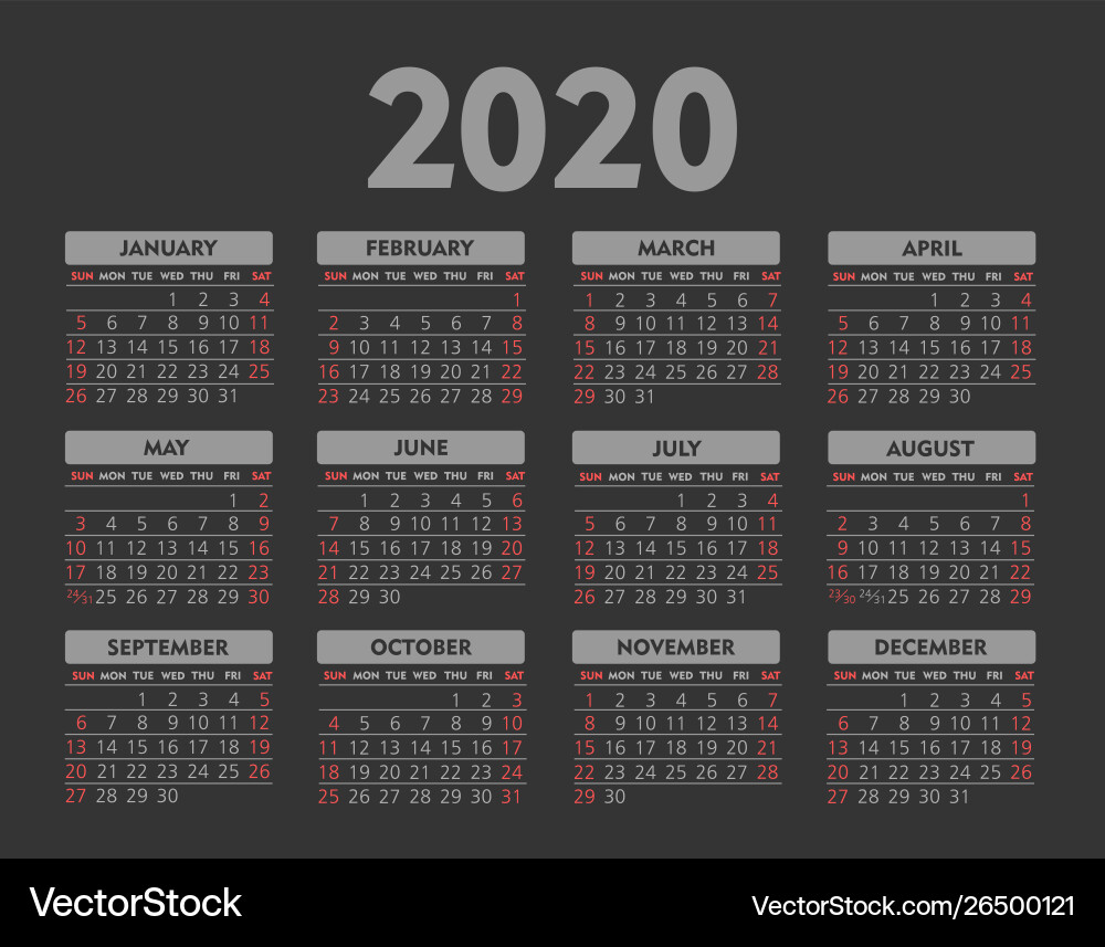 Calendar 2020 year week starts from sunday Vector Image