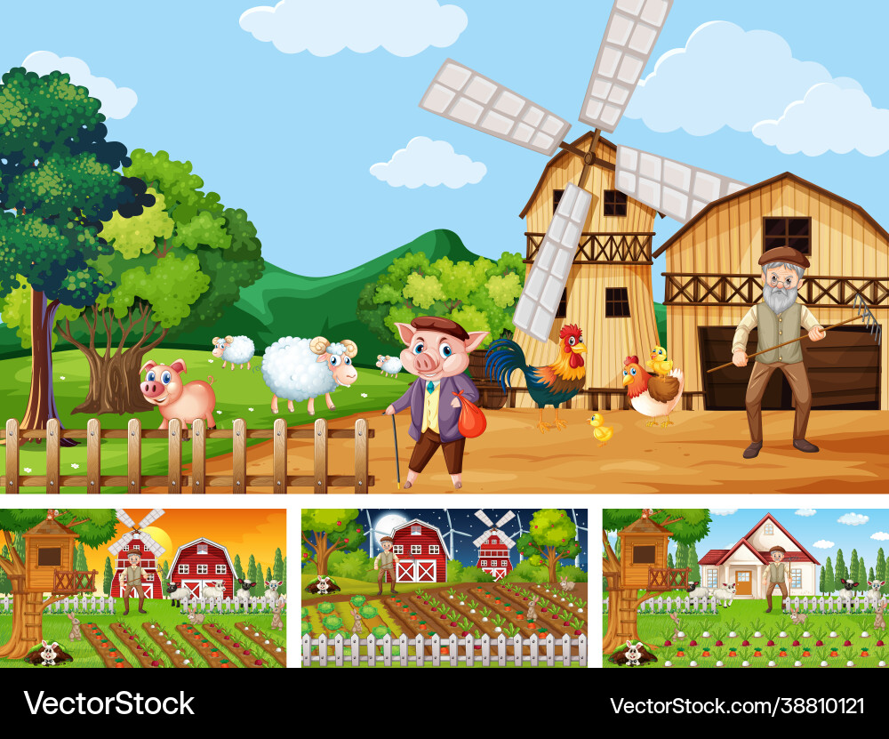Different farm scenes with old farmer and animal Vector Image