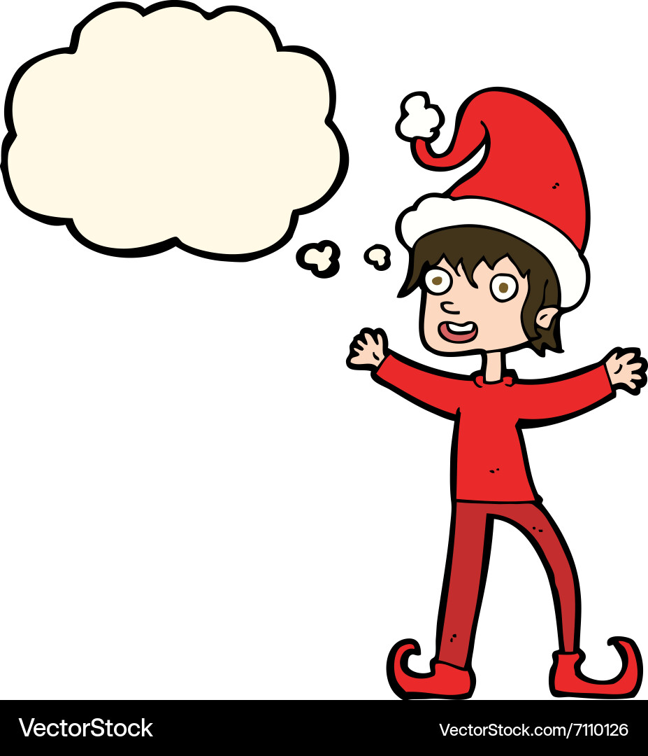 Cartoon excited christmas elf with thought bubble Vector Image