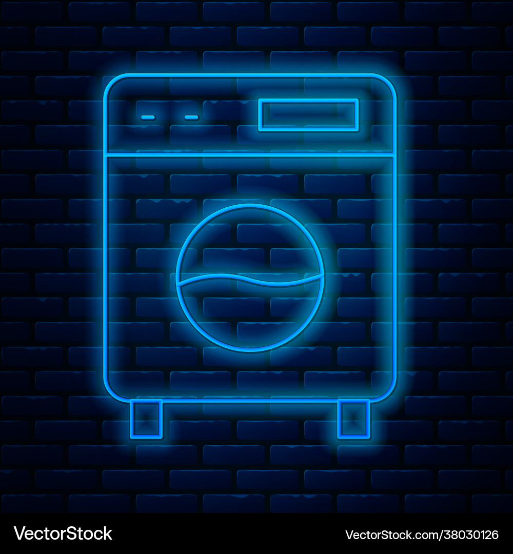 Glowing neon line washer icon isolated on brick Vector Image