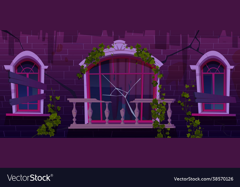 Ivy on antique abandoned building facade at night Vector Image