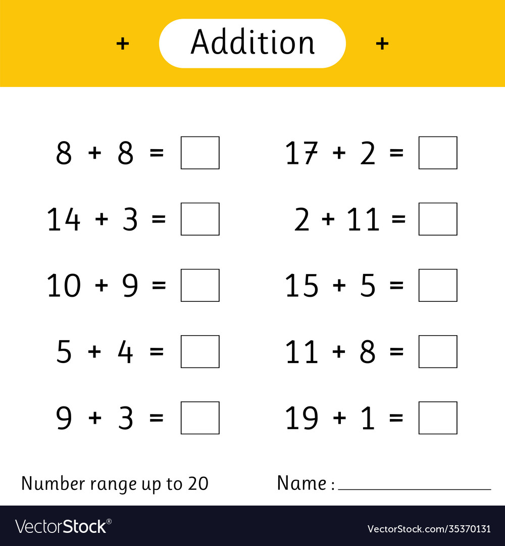 Addition Number Range Up To 20 Math Worksheet Vector Image