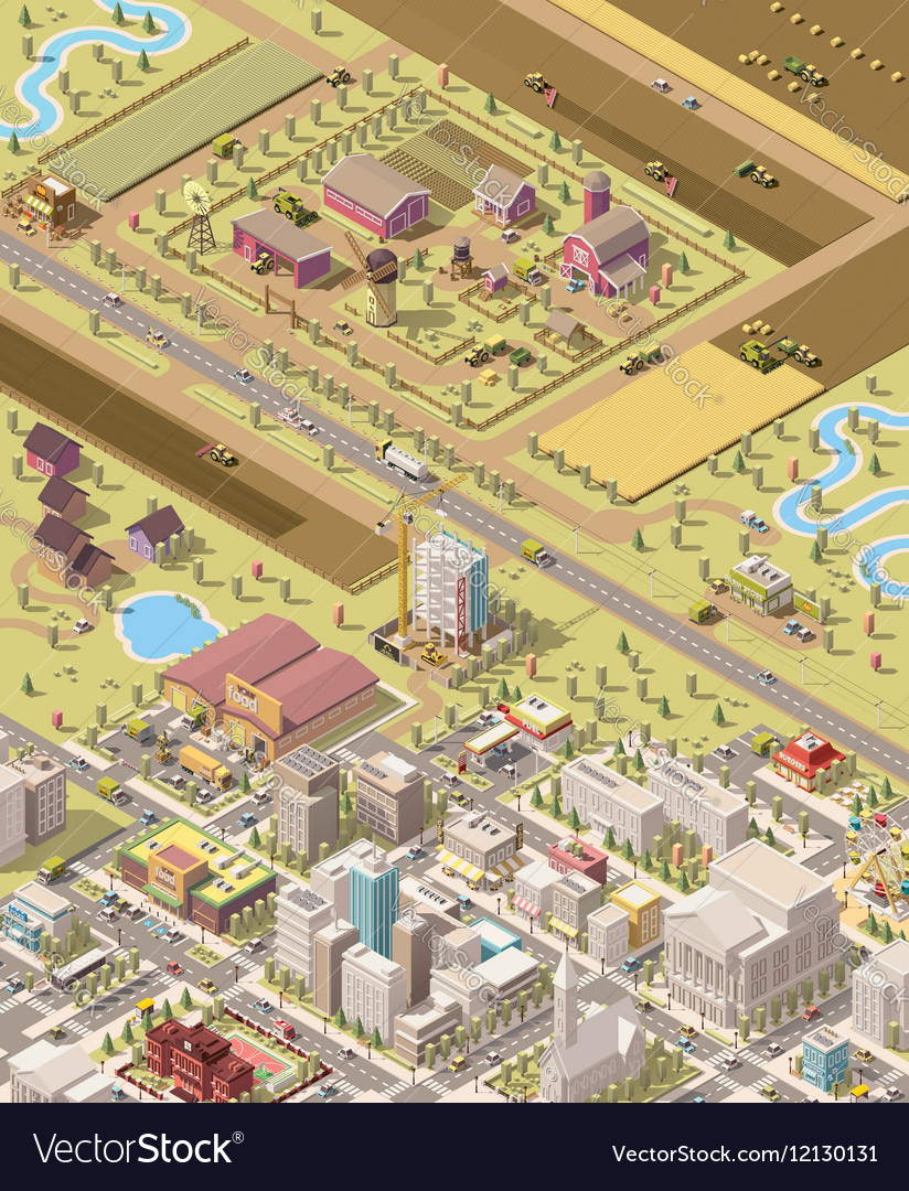 Isometric low poly farm and city Royalty Free Vector Image Isometric low poly farm and city Royalty Free Vector Image