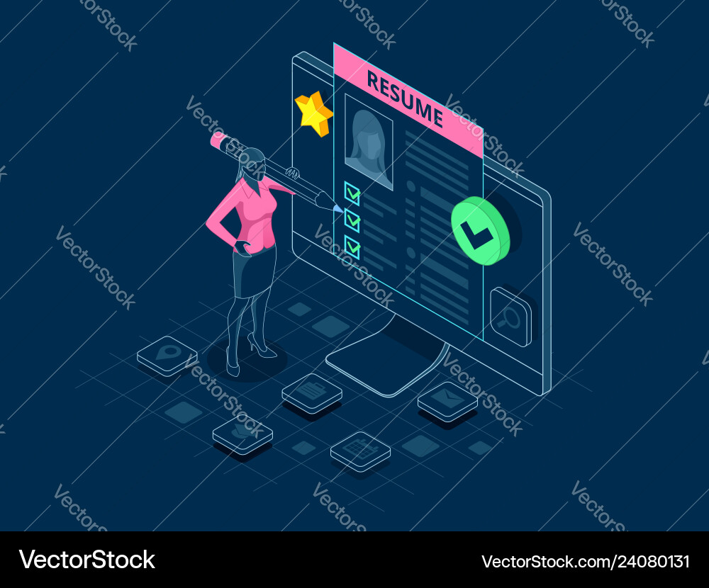 Isometric woman and cv resume documents Royalty Free Vector