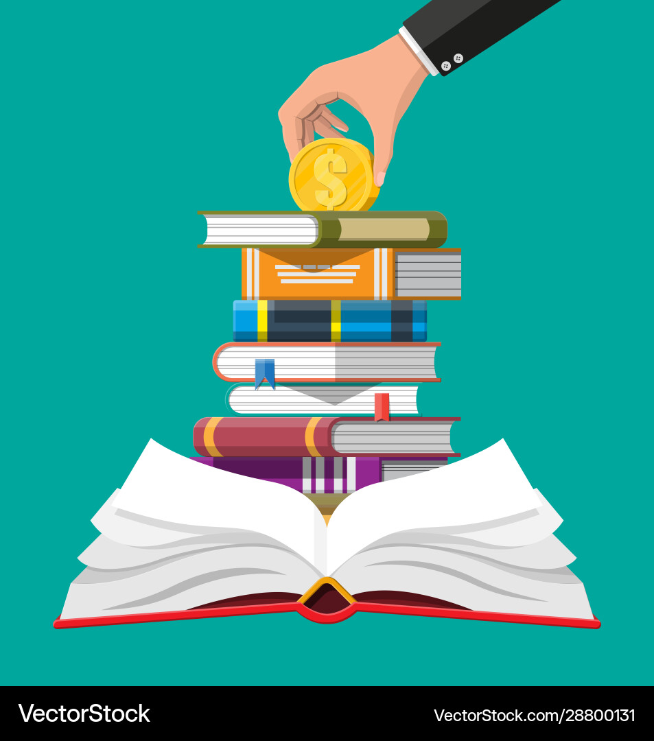 Open book and gold coin in hand Royalty Free Vector Image