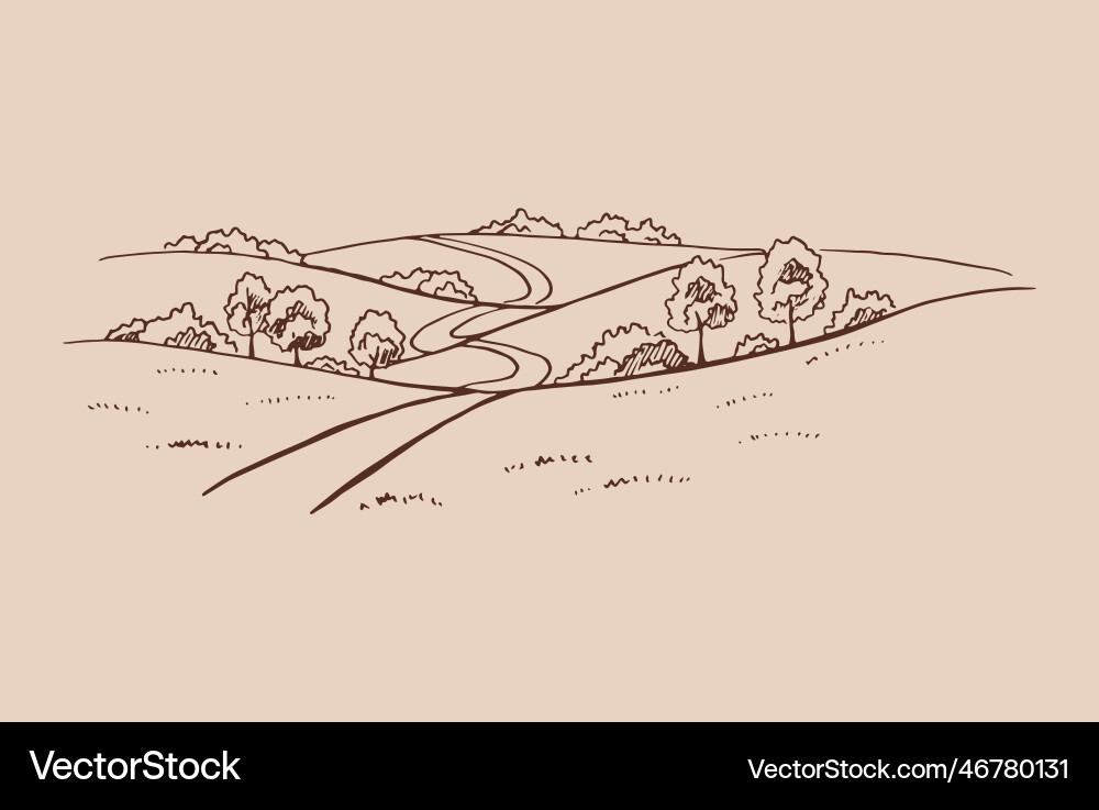 Rural landscape with road and tree hand drawn Vector Image