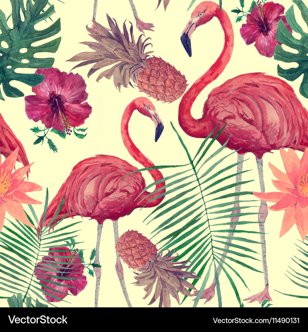 Seamless watercolor pattern with flamingo leaves Vector Image