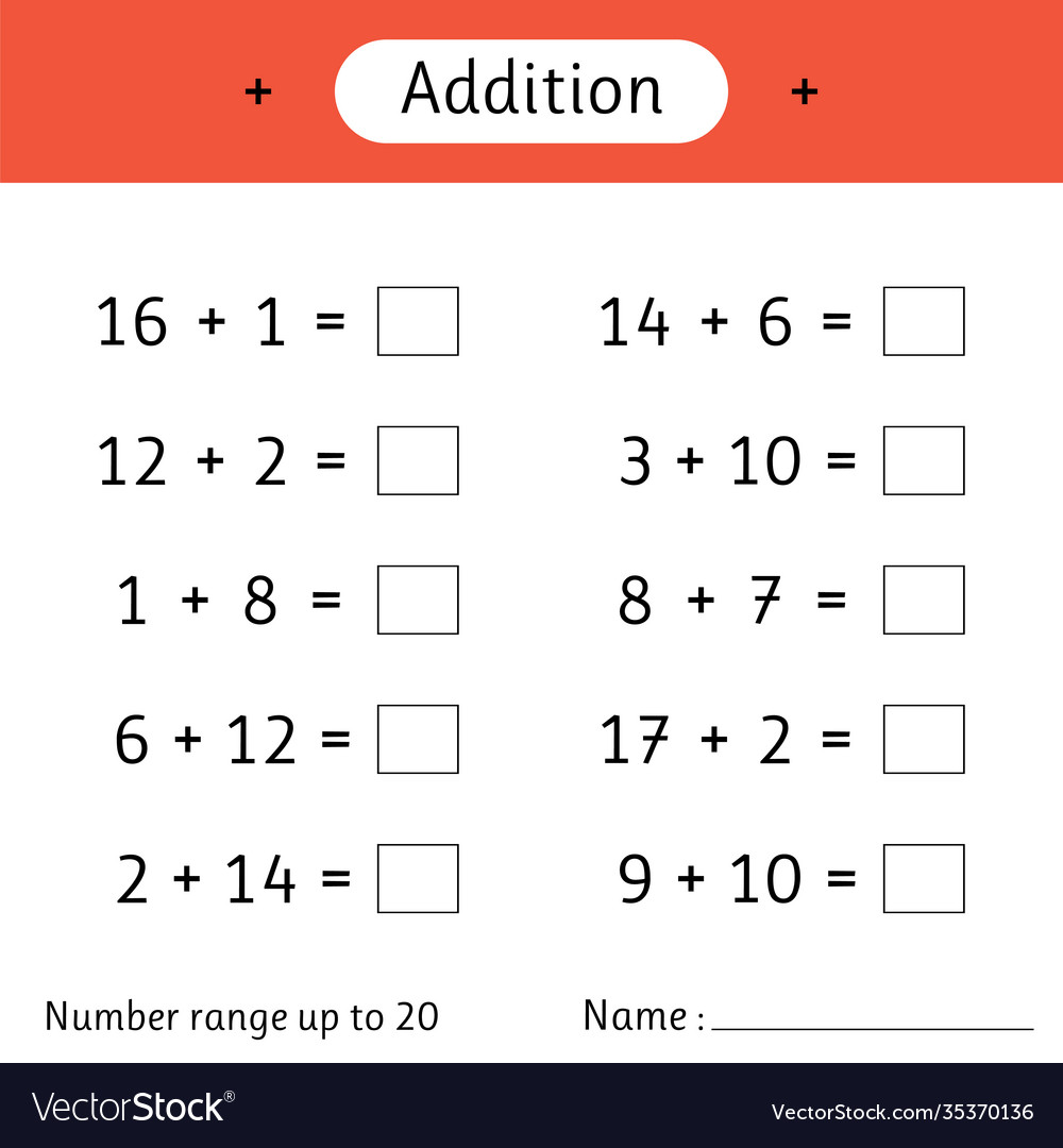 Addition Number Range Up To 20 Mathematics Math Vector Image
