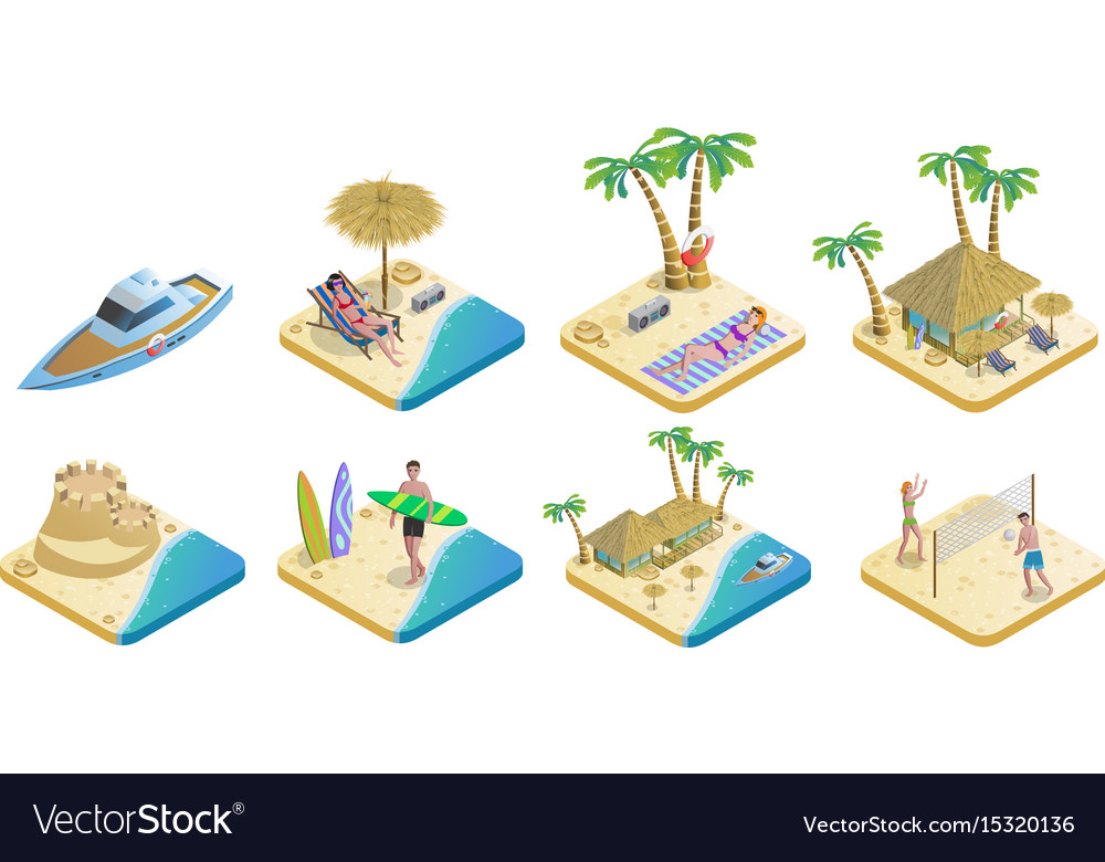 Isometric summer beach elements set Royalty Free Vector