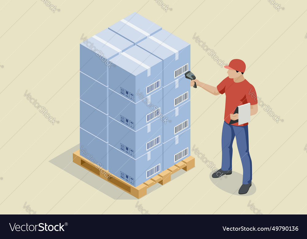 Isometric warehouse worker checking inventory Vector Image Isometric warehouse worker checking inventory Vector Image