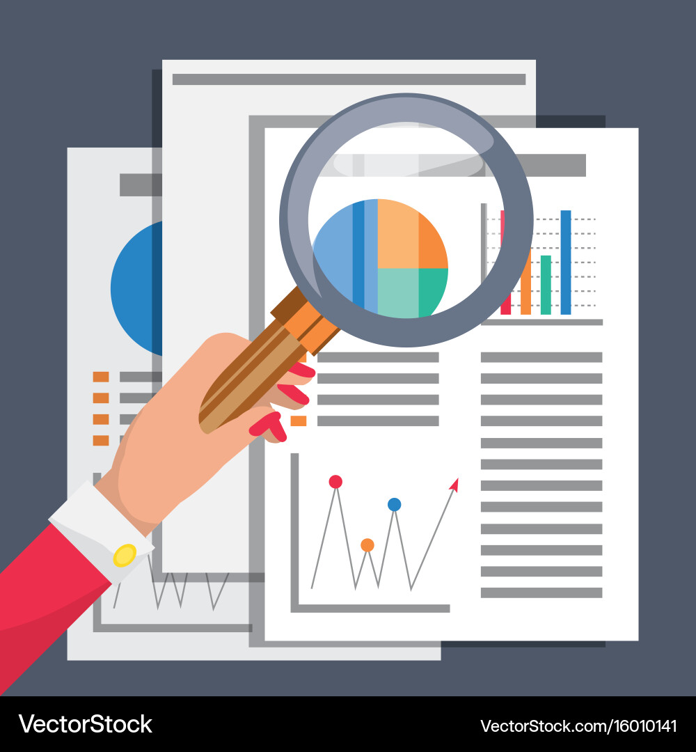 Businesswoman with magnifying glass checking Vector Image