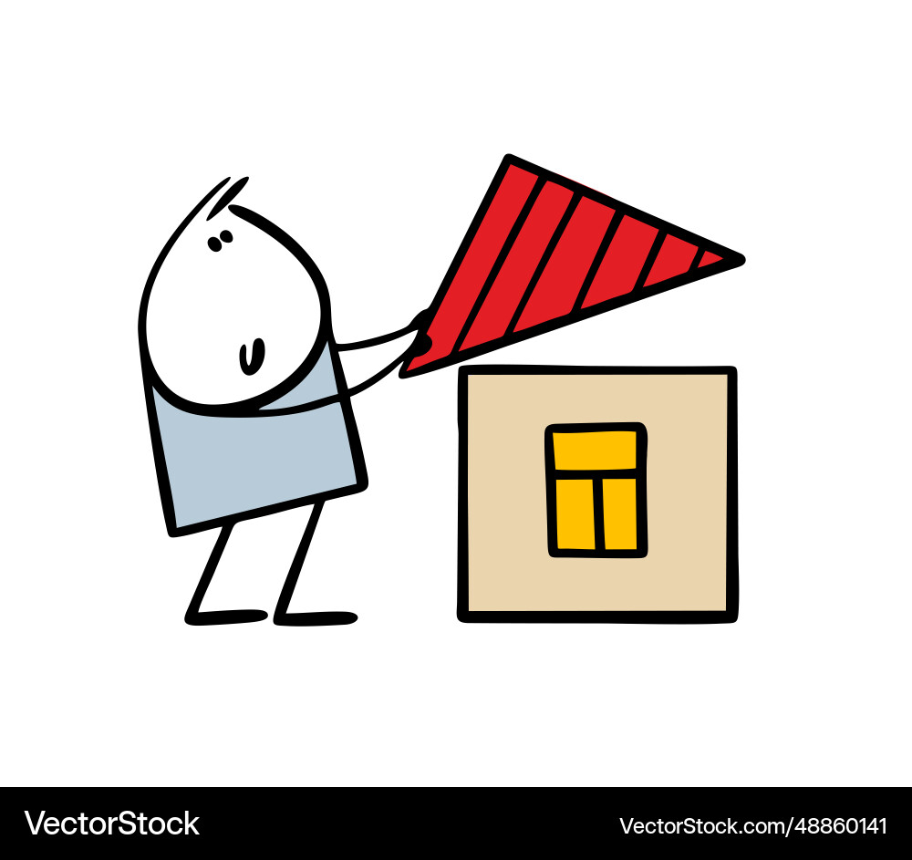 Cartoon stickman builder puts cute red roof Vector Image