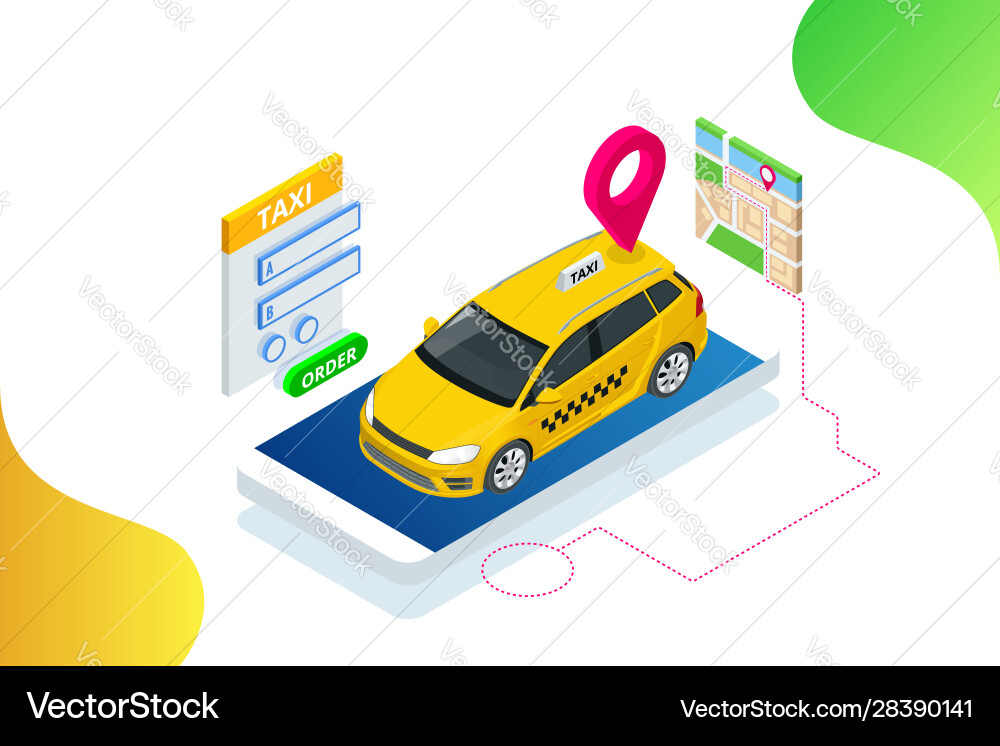 Isometric ordering online taxi and call Royalty Free Vector
