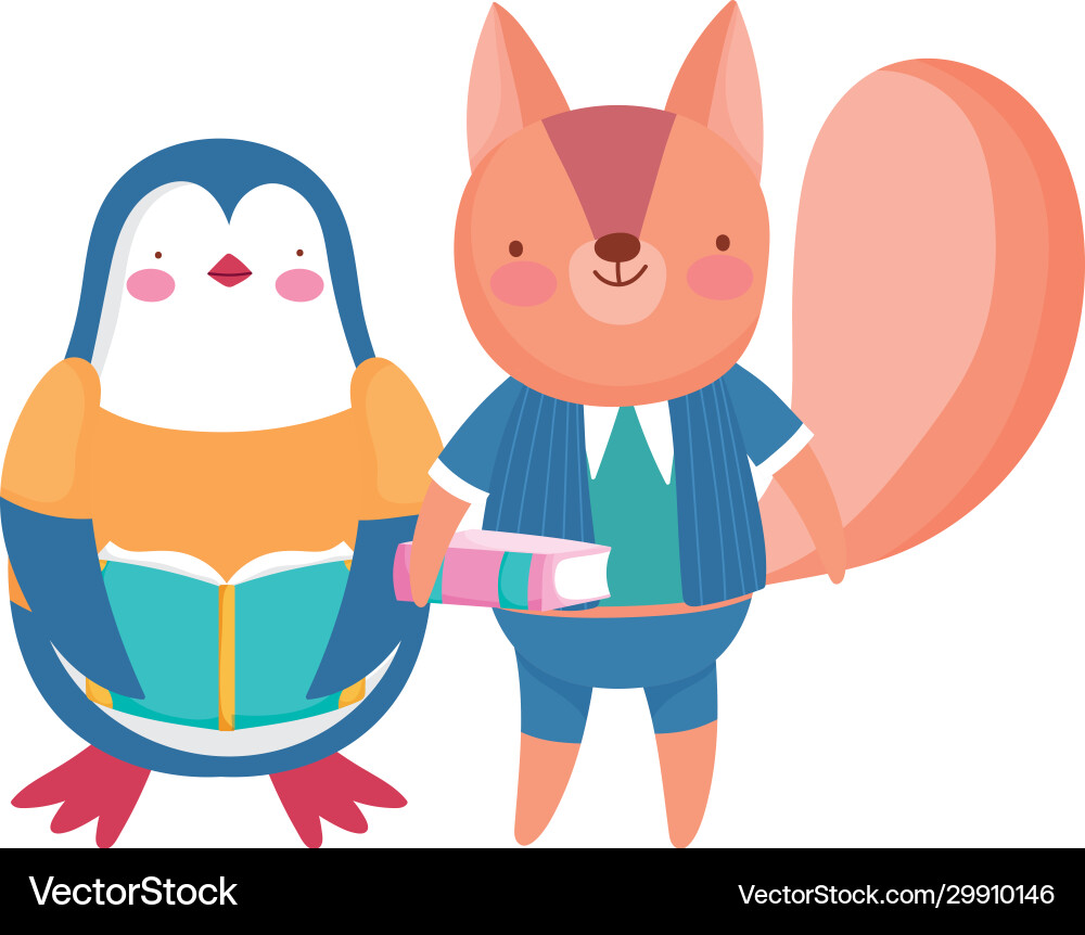 Back to school squirrel penguin with books Vector Image