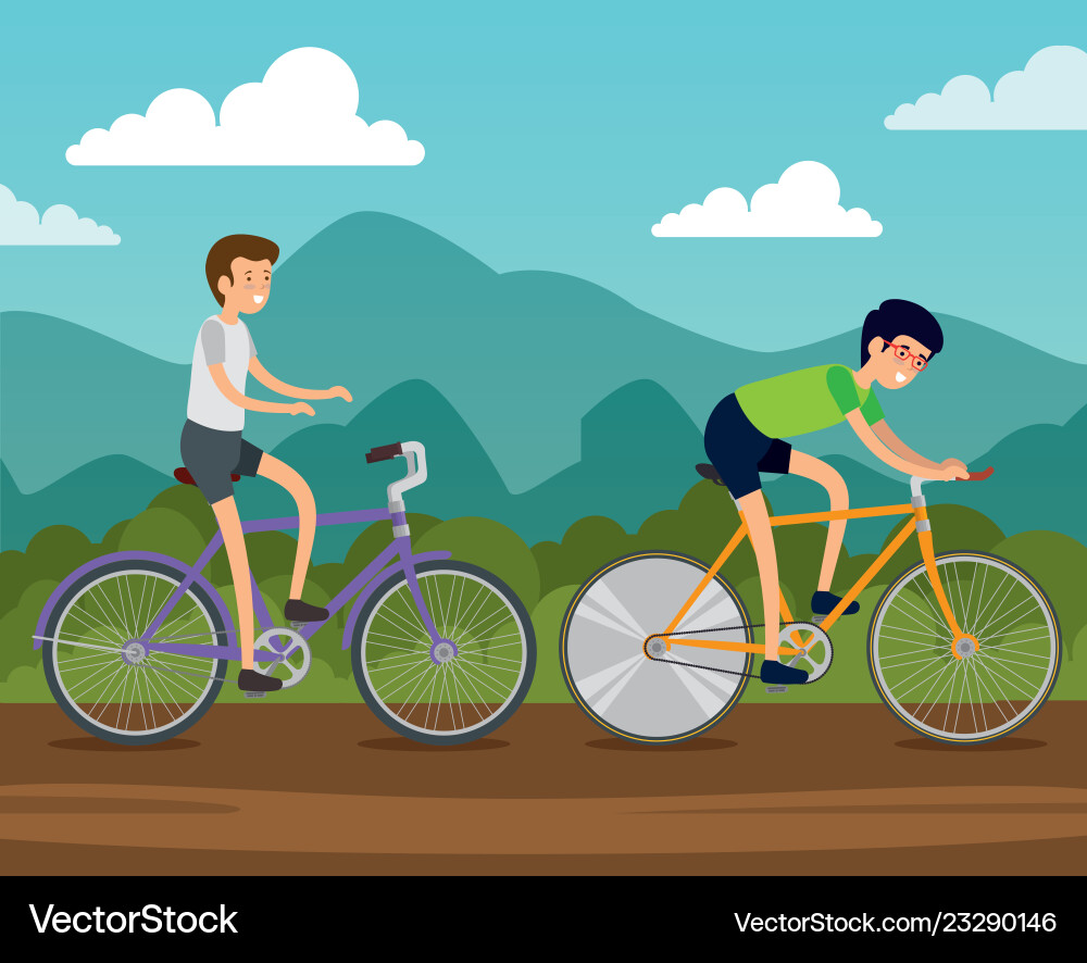 Men friends ride bicycle vehicle Royalty Free Vector Image