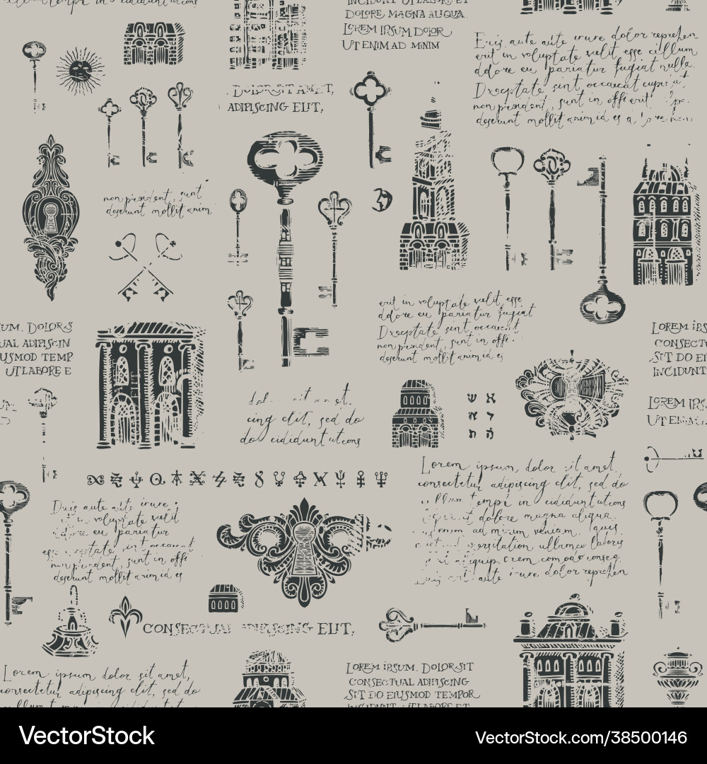 Seamless pattern with vintage keys and old houses Vector Image