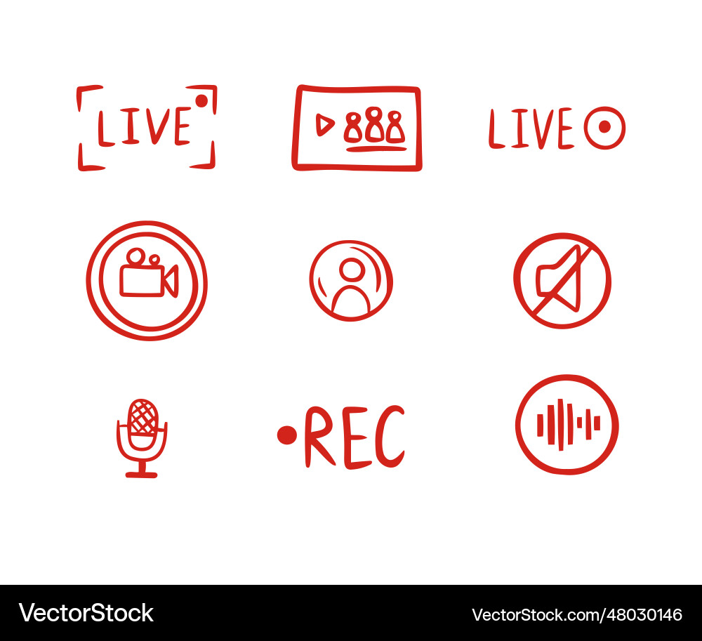 Set hand drawn live streaming doodle icons video Vector Image