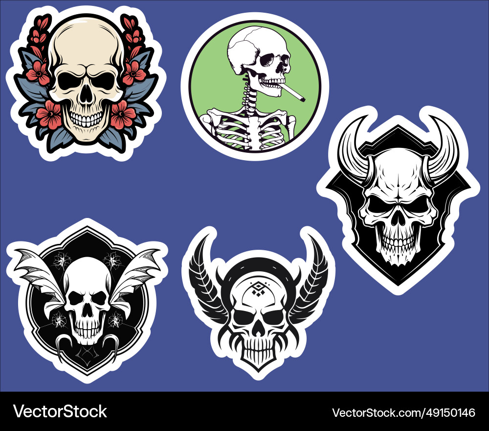 Six unique skull stickers displayed on a vibrant Vector Image