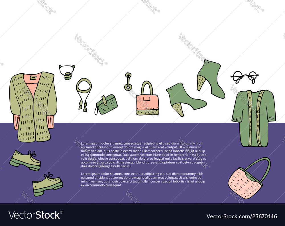 Woman clothes and accessories set in doodle style Vector Image
