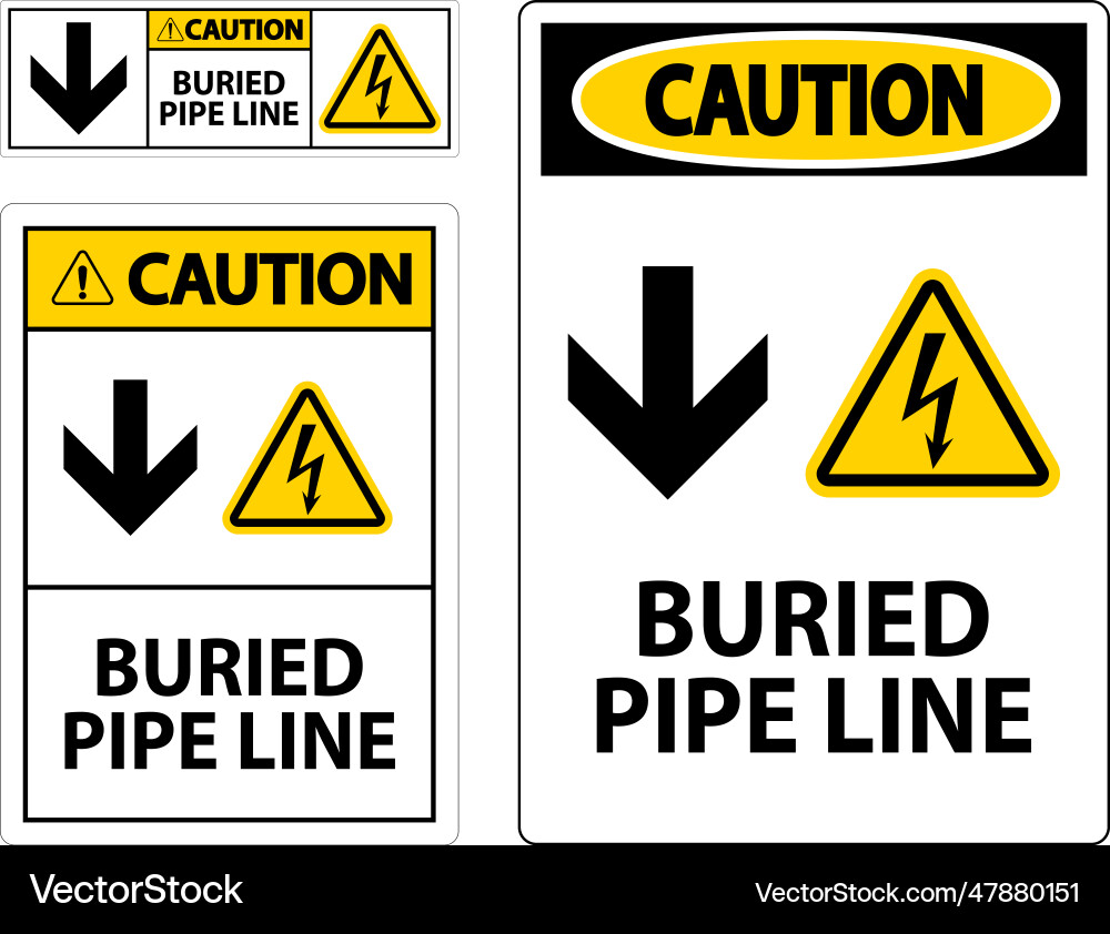 Caution sign buried pipe line with down arrow and Vector Image