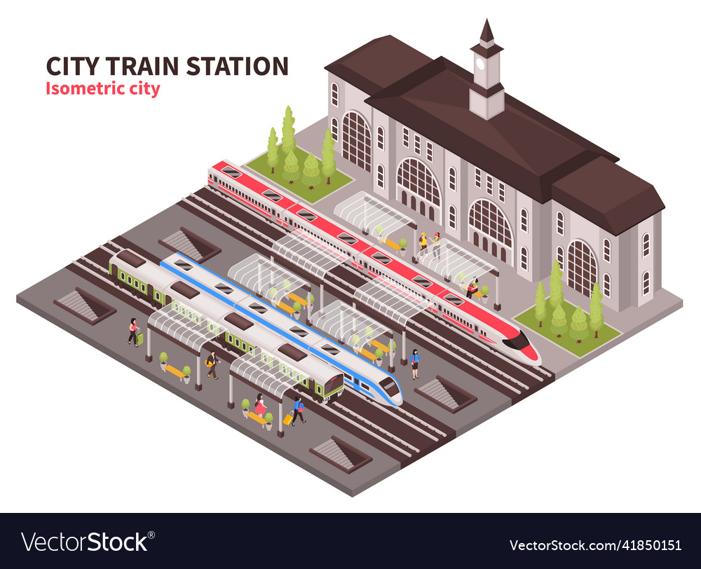 Isometric train station composition Royalty Free Vector