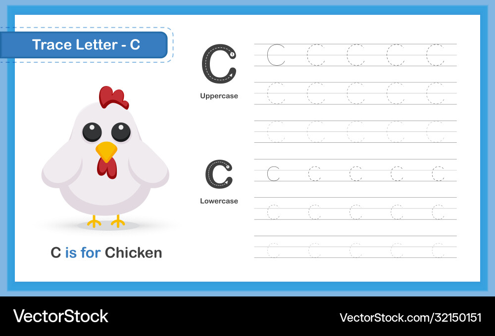 Trace letter-c hand writing practice book a-z Vector Image